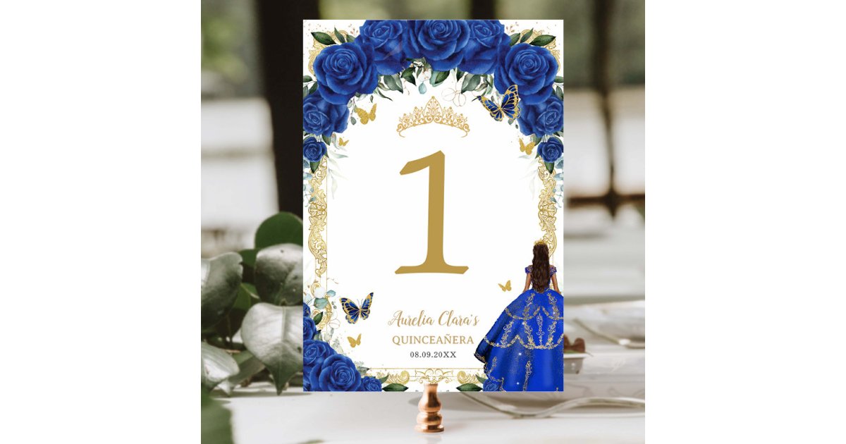 Quinceañera XV Royal Blue Floral Gold Girl Dress Table Number | Zazzle