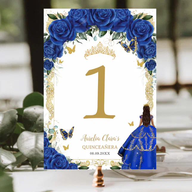 Quinceañera XV Royal Blue Floral Gold Girl Dress Table Number | Zazzle