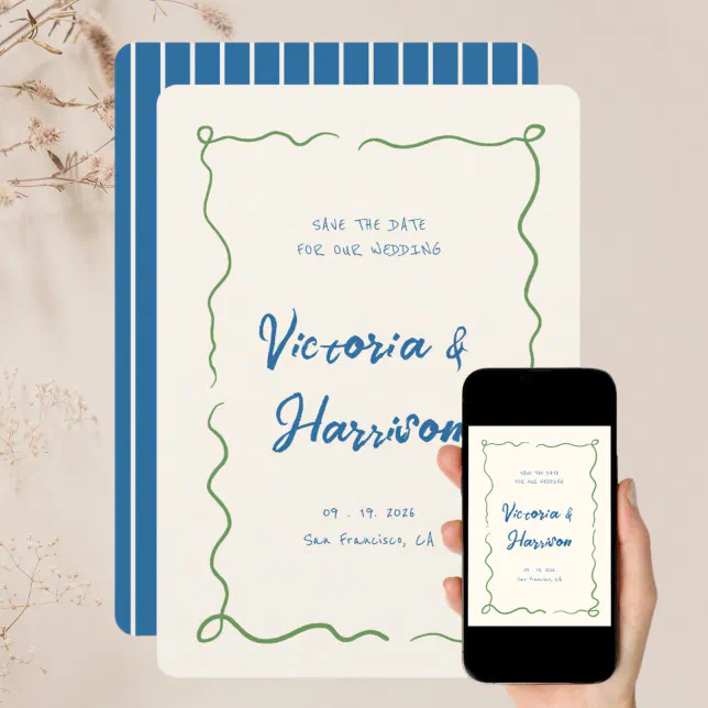 Quirky Blue Hand Drawn Wavy Squiggle Border Save The Date | Zazzle