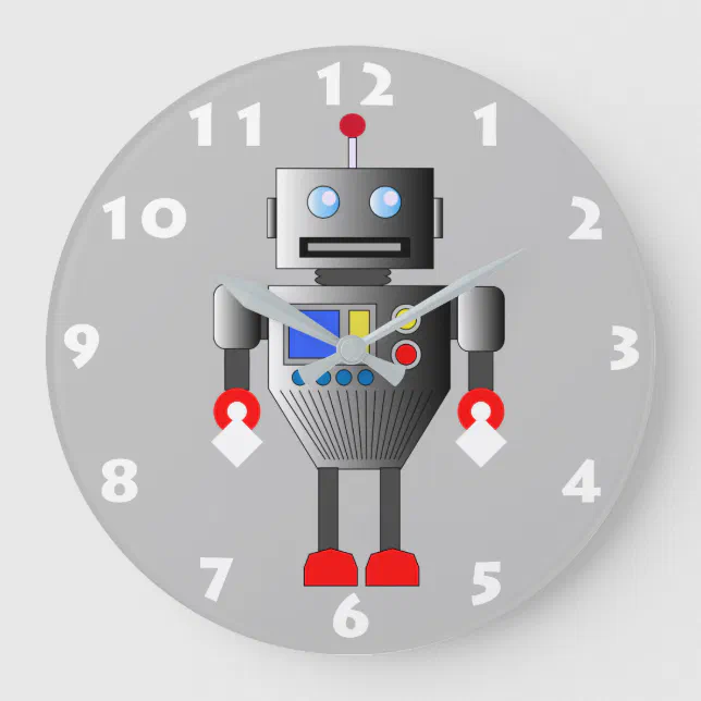 QUIRKY CHARCOAL GRAY ROBOT TOY WITH WHITE NUMBERS LARGE CLOCK | Zazzle