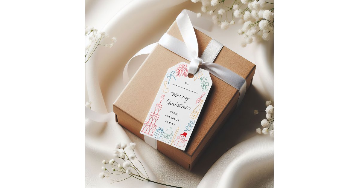 Quirky Colorful Christmas Hand drawn Doodle Gift Tags | Zazzle