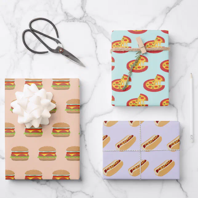 Quirky Fast Food Burger Pizza and Hot Dog Patterns Wrapping Paper ...