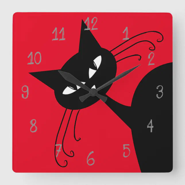 Quirky Funny Black Cat Feline Square Wall Clock | Zazzle