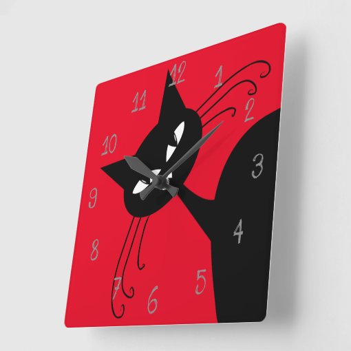 Quirky Funny Black Cat Feline Square Wall Clock | Zazzle