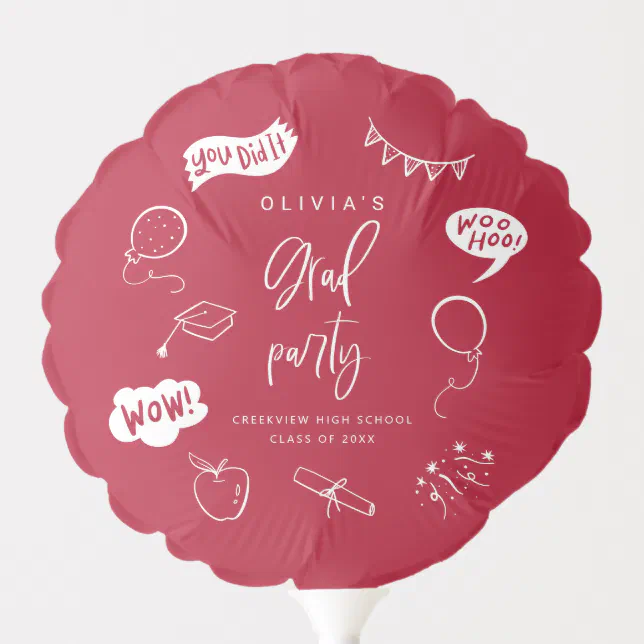 Quirky Graduation Doodle Grad Party Red Balloon | Zazzle