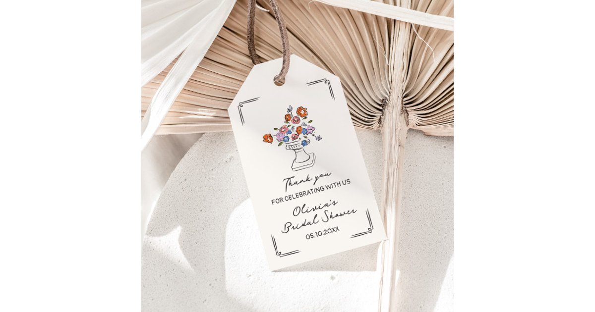Quirky Hand Drawn Floral Urn Bridal Shower Gift Tags | Zazzle