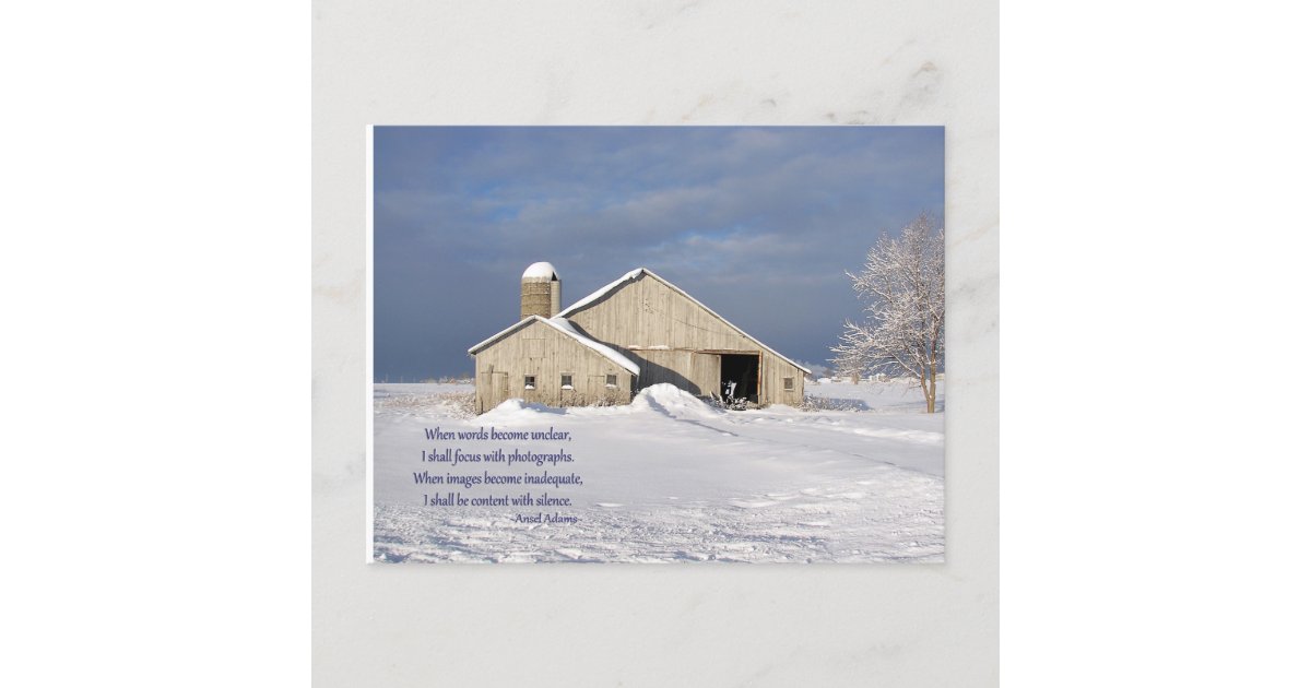 Quote with old barn in winter holiday postcard | Zazzle
