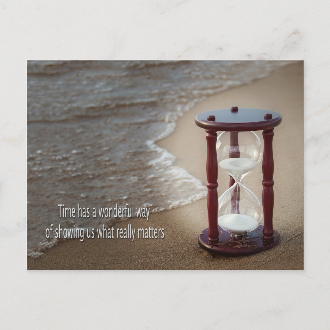 Quote with sand timer on beach holiday postcard | Zazzle