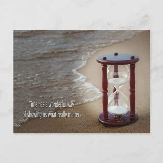 Quote with sand timer on beach holiday postcard | Zazzle
