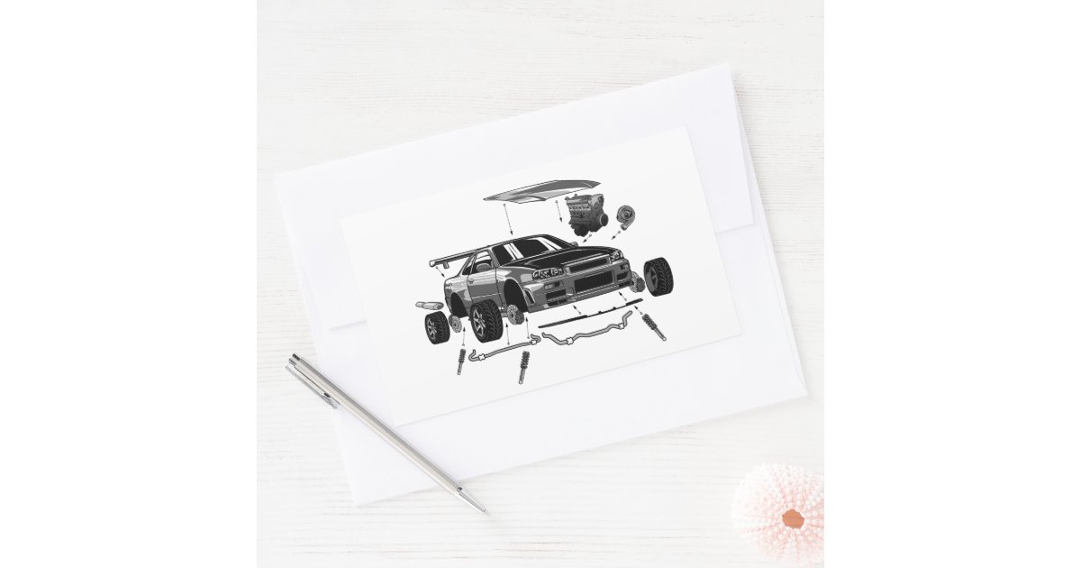 R34 SKYLINE ASSEMBLY RECTANGULAR STICKER | Zazzle
