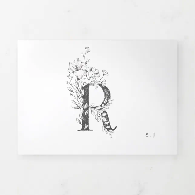 'R' Monogram Beautiful Sketched Floral Wedding Tri-Fold Invitation | Zazzle