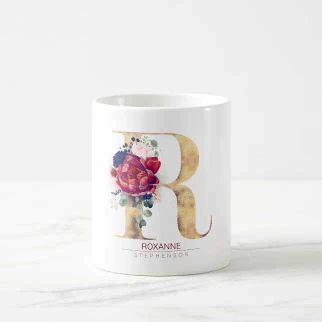 R Monogram Floral Burgundy Red and Navy Blue Coffee Mug | Zazzle