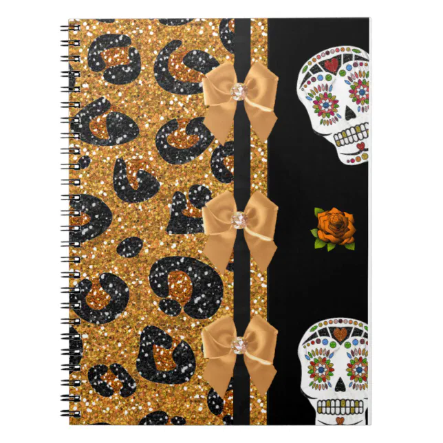 RAB Rockabilly Gold Leopard Print Sugar Skulls Notebook | Zazzle