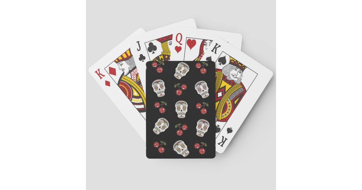 RAB Rockabilly Sugar Skulls Cherries On Black Poker Cards | Zazzle