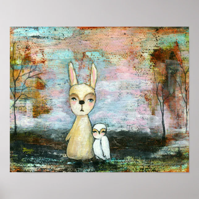 Rabbit and Owl, Woodland Animals Custom Size Poster | Zazzle
