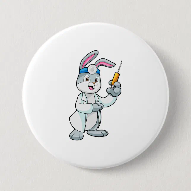 Rabbit as Doctor at Vaccination with Syringe Button | Zazzle