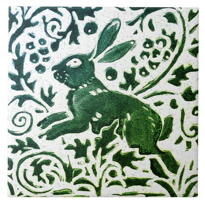 Rabbit Batik Modern Green Blue Floral Woodland Ceramic Tile | Zazzle.com