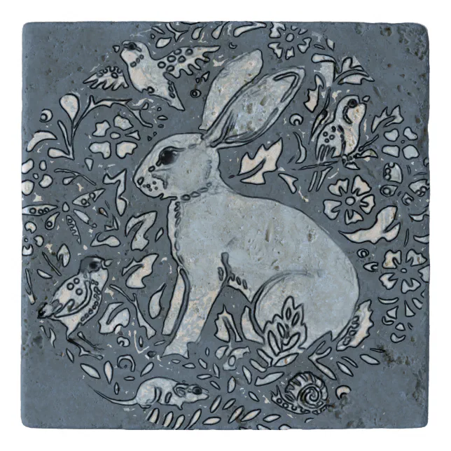 Rabbit Bird Forest Animal Foliage Blue Stone Tile Trivet | Zazzle
