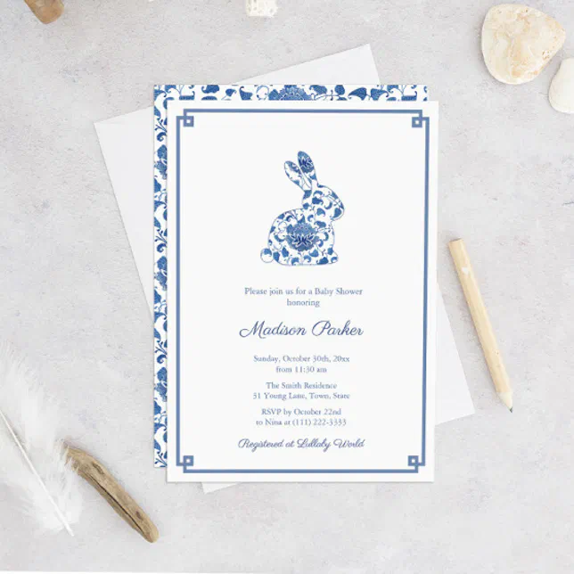 Rabbit Chinoiserie Chic Blue And White Baby Shower Invitation | Zazzle