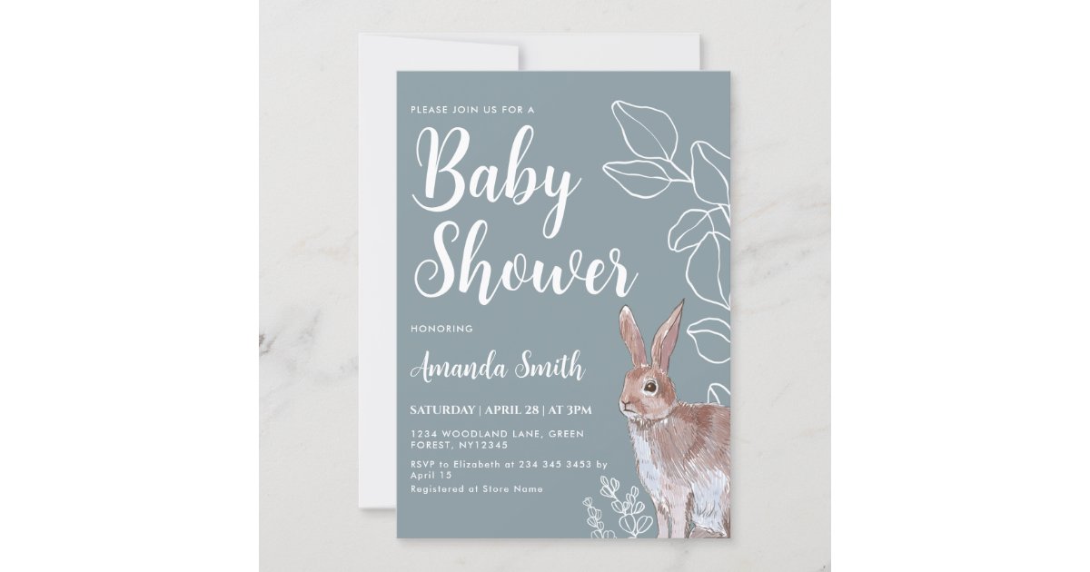Rabbit Illustration Botanical Baby Shower Invitation | Zazzle