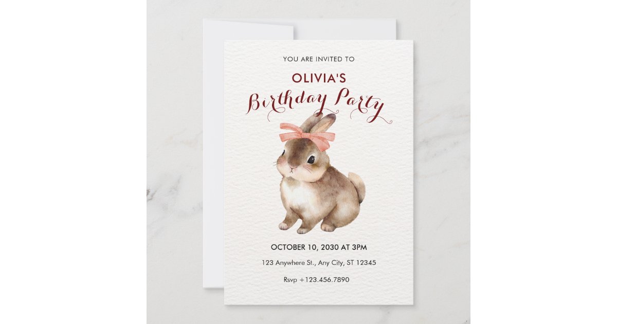 Rabbit pink bow birthday invitation | Zazzle
