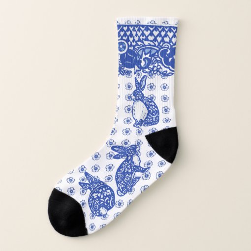 Rabbit Socks Blue Willow Pattern Whimsical Bunny | Zazzle