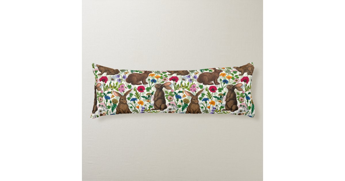 Rabbits and wildflowers body pillow | Zazzle