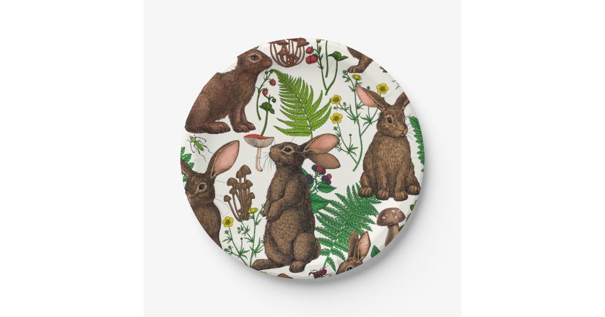 Rabbits and woodland flora 4 paper plates | Zazzle