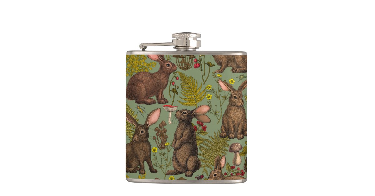 Rabbits and woodland flora Flask | Zazzle