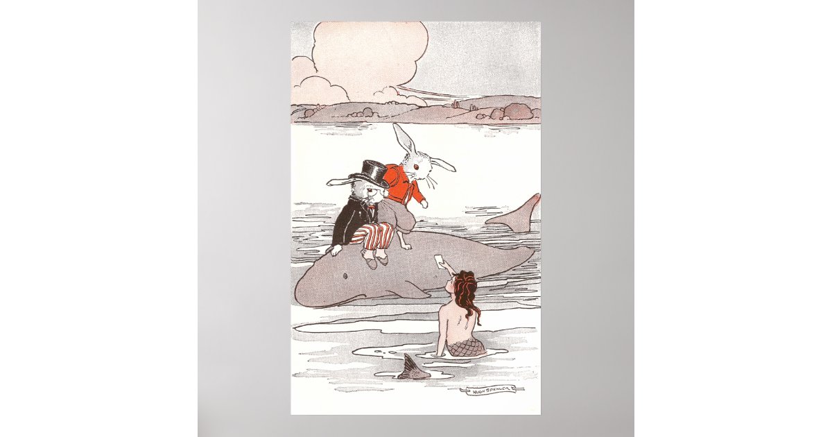Rabbits Riding Whale Meet Mermaid Poster | Zazzle
