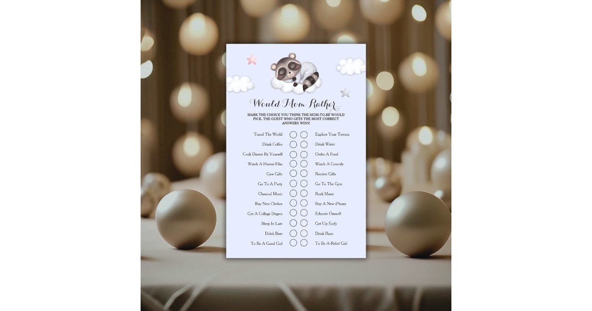 Raccoon Baby Shower Game Would Mom Rather | Zazzle