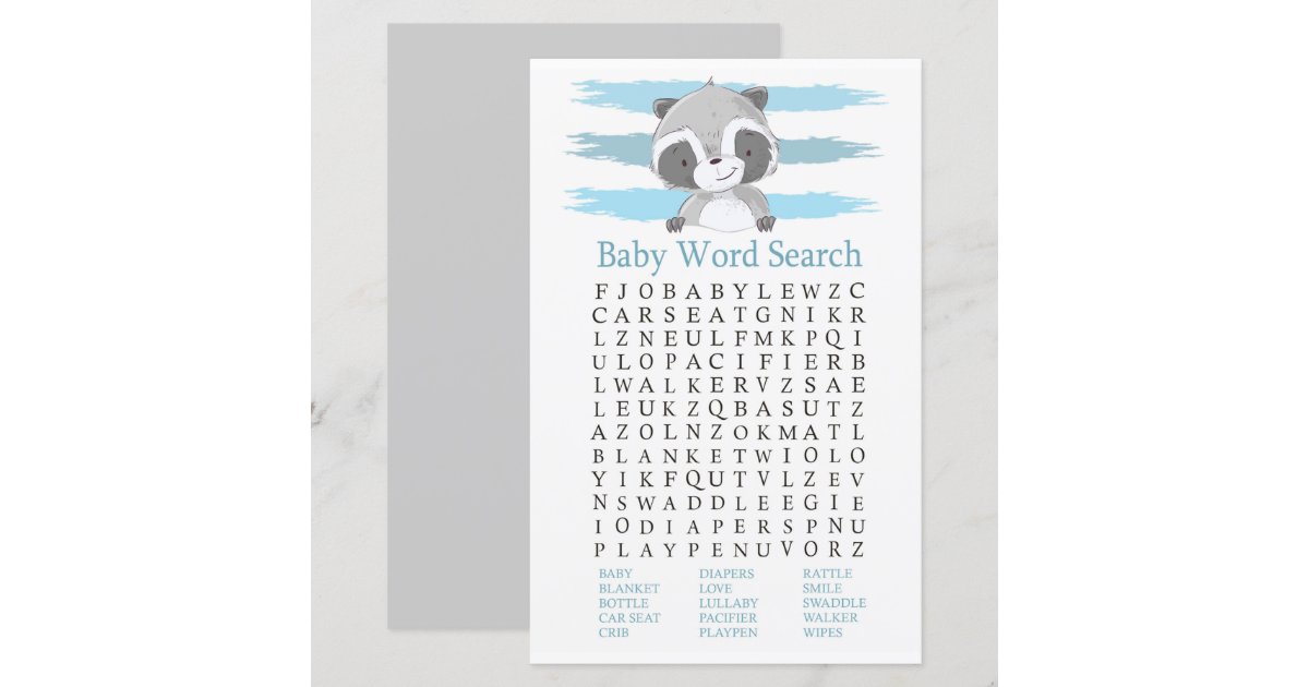 Raccoon Baby Shower Word Search Game | Zazzle
