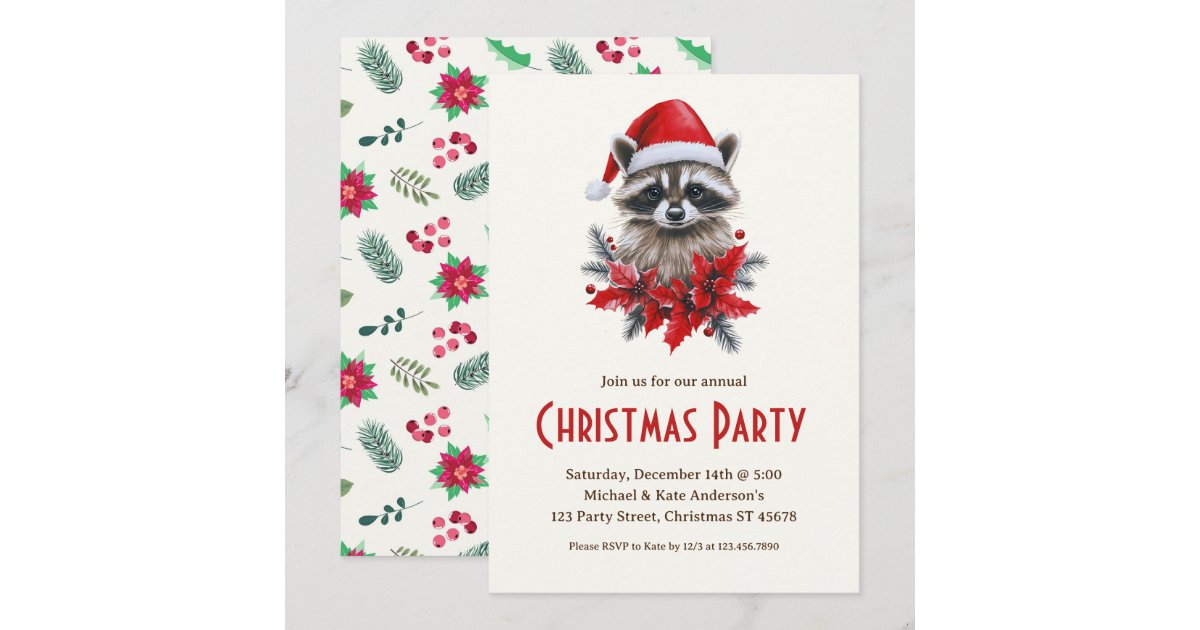 Raccoon in a Santa Hat Poinsettias Christmas Party Invitation | Zazzle