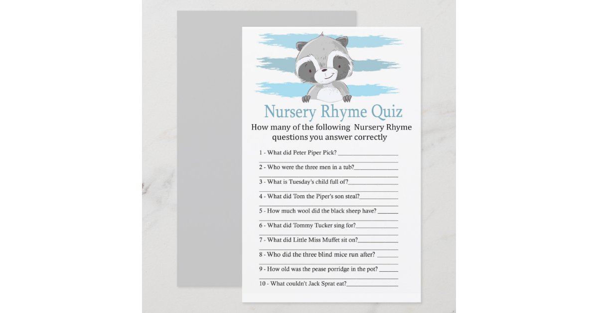 Raccoon Nursery Rhyme Quiz baby shower game | Zazzle