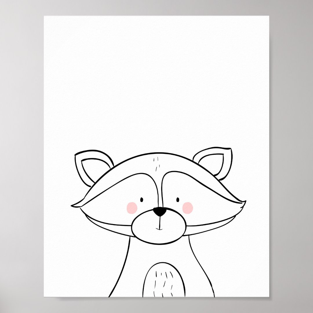 Raccoon Woodland Nursery Wall Art Monochrome | Zazzle