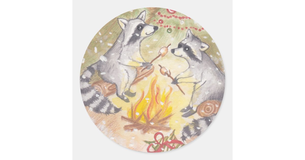 Raccoons Roasting Marshmallows Holiday Stickers | Zazzle