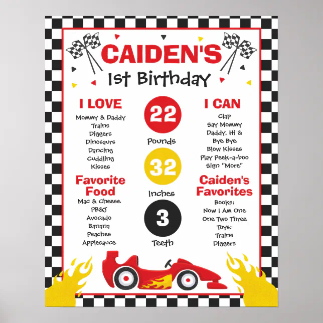 Race Car 1st Birthday Party Milestone Poster | Zazzle