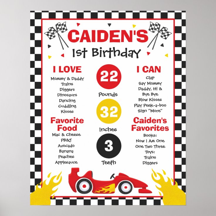 Race Car 1st Birthday Party Milestone Poster | Zazzle