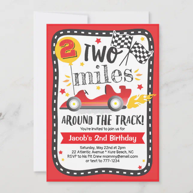Race Car 2 Miles Around the Track 2nd Birthday Invitation | Zazzle