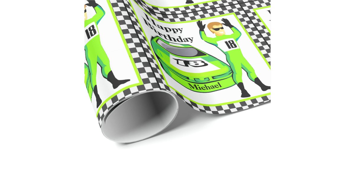 Race Car And Driver Personalized Birthday Gift Wrapping Paper | Zazzle