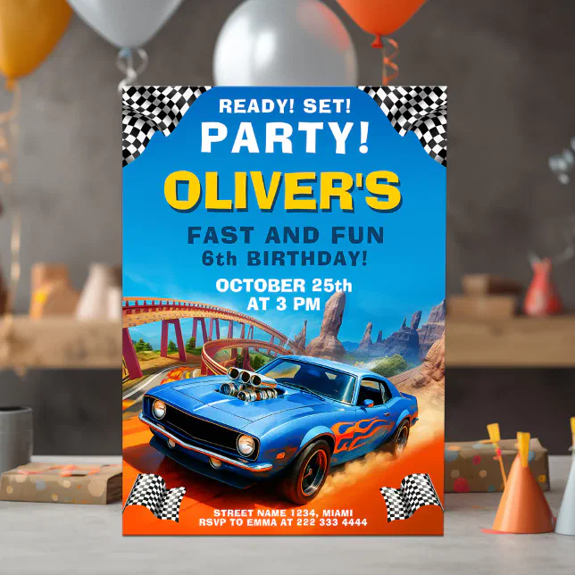 Race Car Birthday, Blue Muscle Car Party Invitation | Zazzle