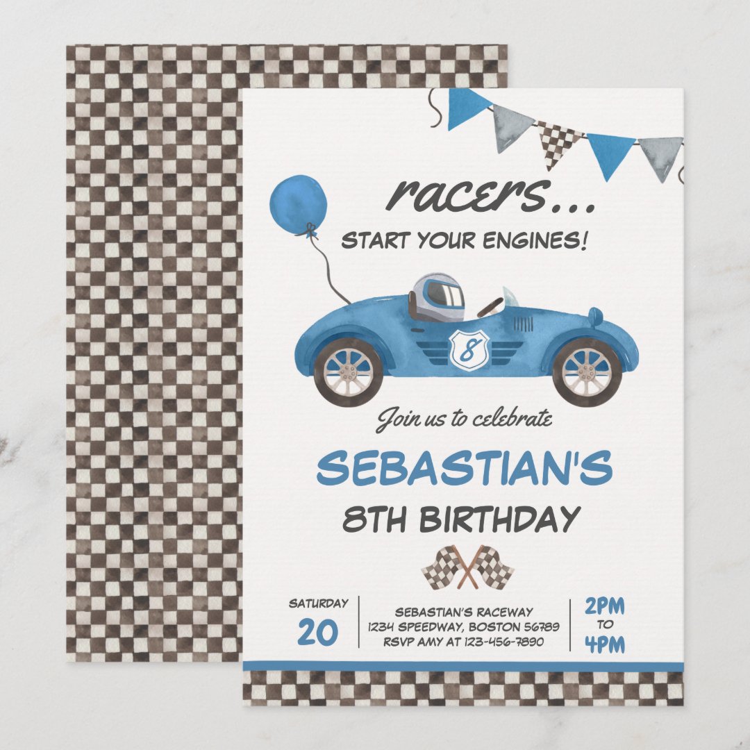 Race Car Birthday Blue Racing Track Birthday Party Invitation | Zazzle