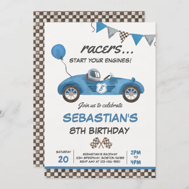 Race Car Birthday Blue Racing Track Birthday Party Invitation | Zazzle