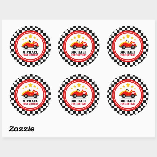 Race Car Birthday Party Classic Round Sticker | Zazzle