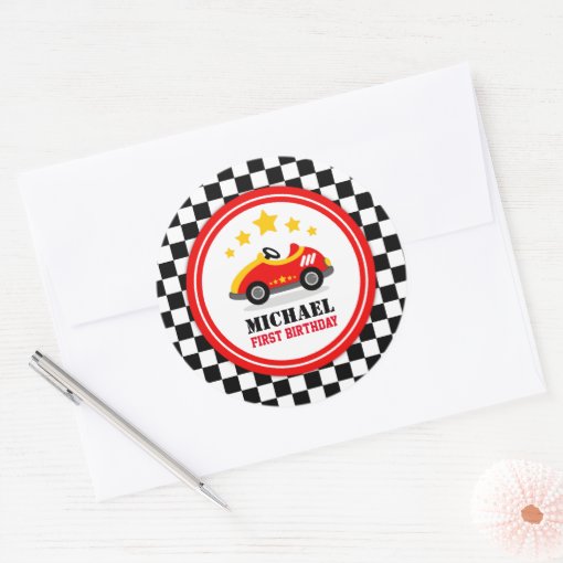 Race Car Birthday Party Classic Round Sticker | Zazzle