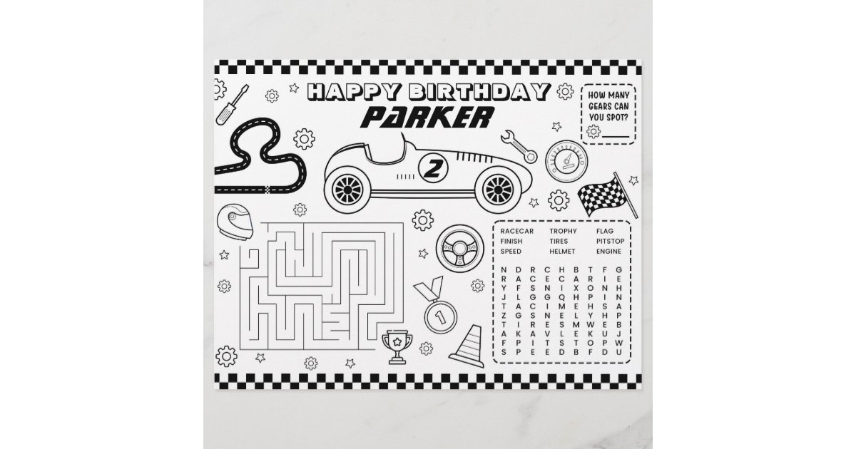 Race Car Birthday Party Coloring Activity Sheet | Zazzle