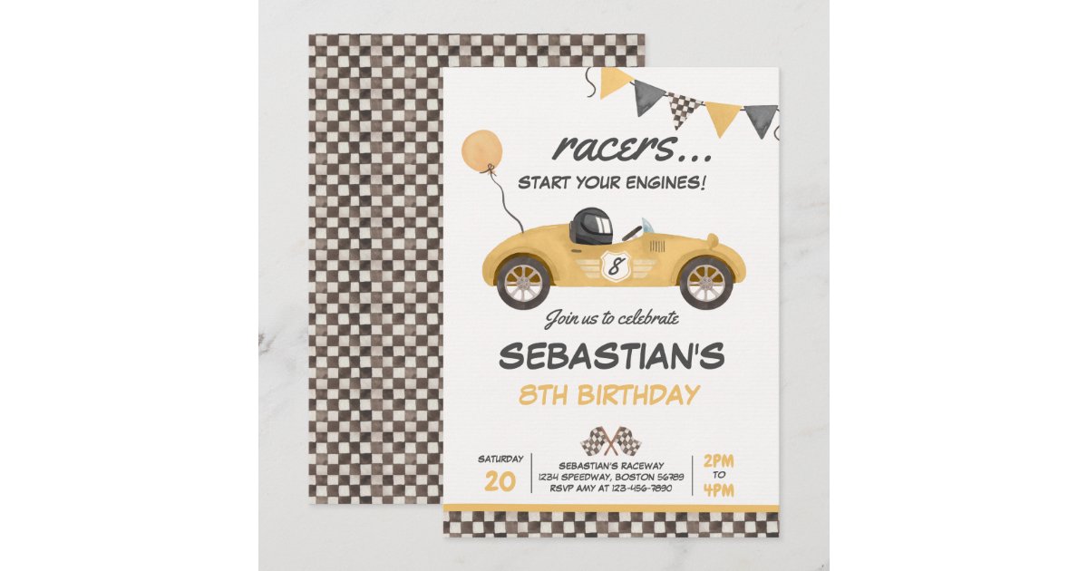Race Car Birthday Yellow Vintage Racing Birthday Invitation | Zazzle
