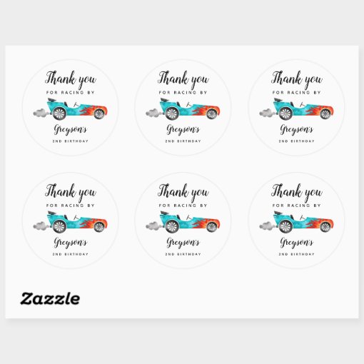 Race Car Boy Birthday Party Classic Round Sticker | Zazzle