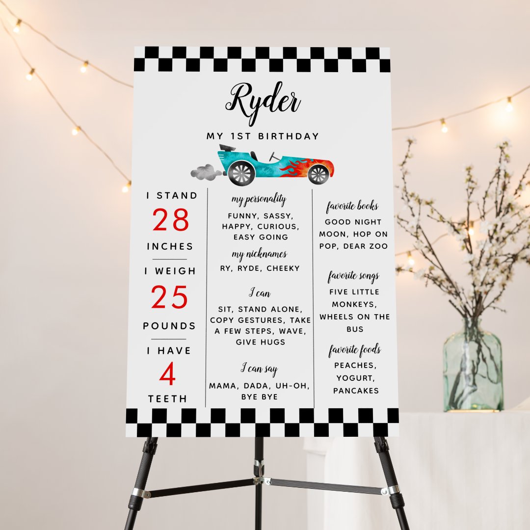 Race Car Boy First Birthday Milestone Board | Zazzle