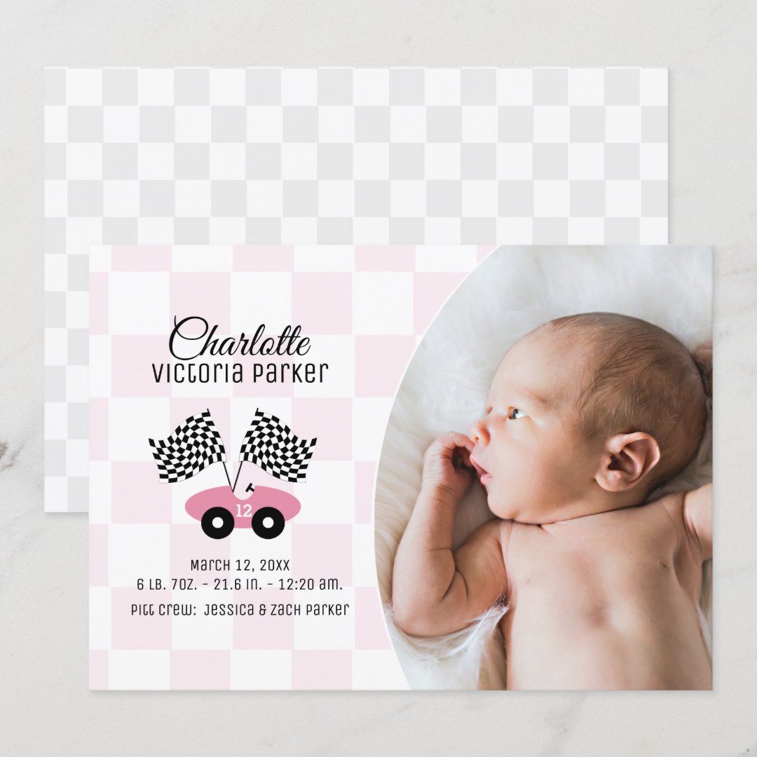 Race Car Checker Flag Birth with Photo Pink Invitation | Zazzle